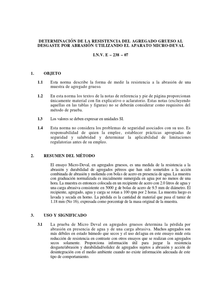 Norma INV E-238-07 (Micro Deval) | PDF | Acero | Agua Norma INV E-238-07 (Micro Deval) | PDF | Acero | Agua