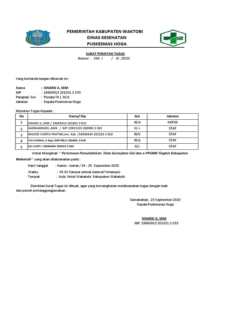 Surat Tugas Puskesmas Hoga | PDF