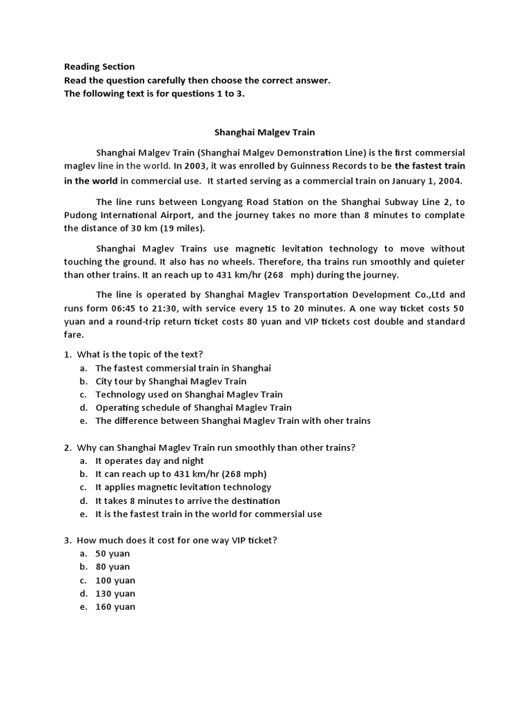 Reading Section Read The Question Carefully Then Choose The Correct ...