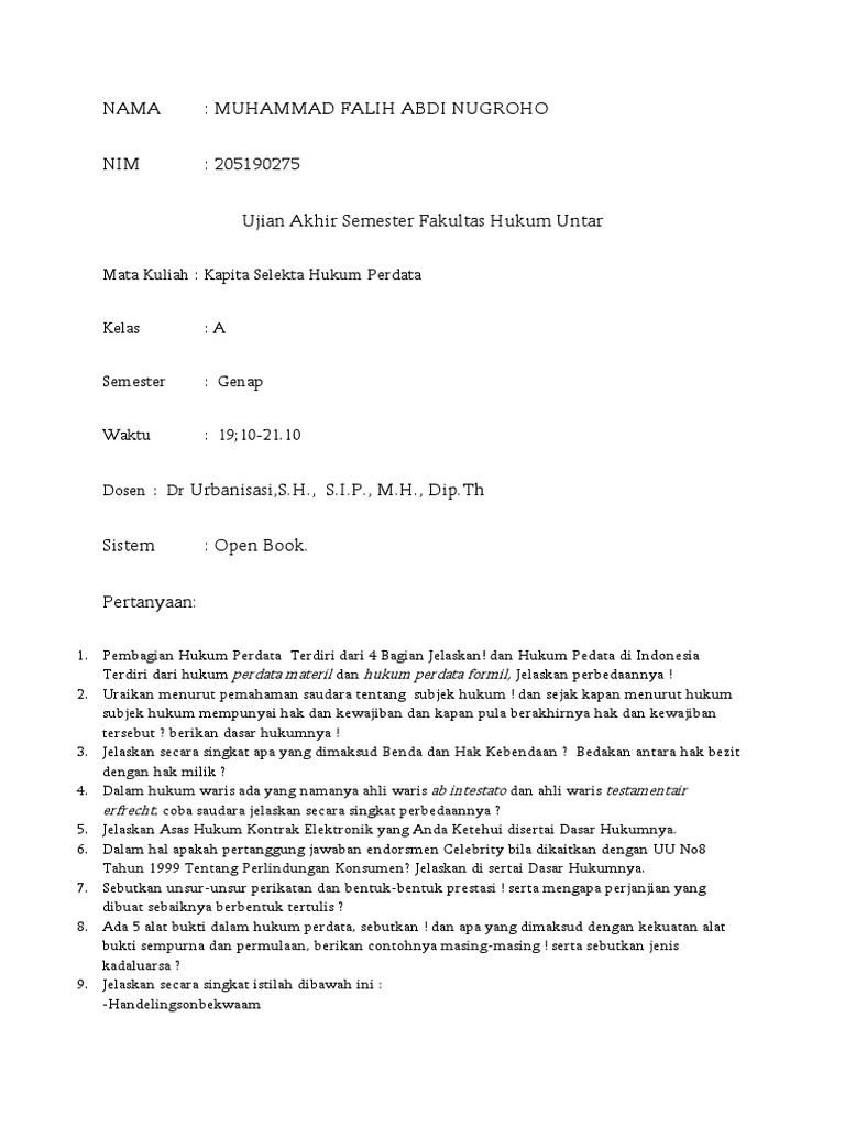 Jawaban UAS KAPITA SELEKTA PERDATA by MUHAMMAD FALIH ABDI NUGROHO 205190275 FH UNTAR | PDF | Politik
