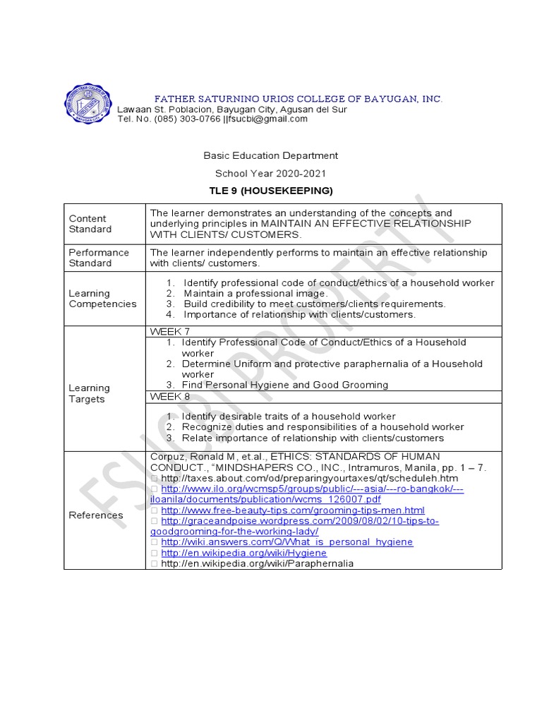 Week 7 Housekeeping | PDF | Hygiene | Domestic Worker