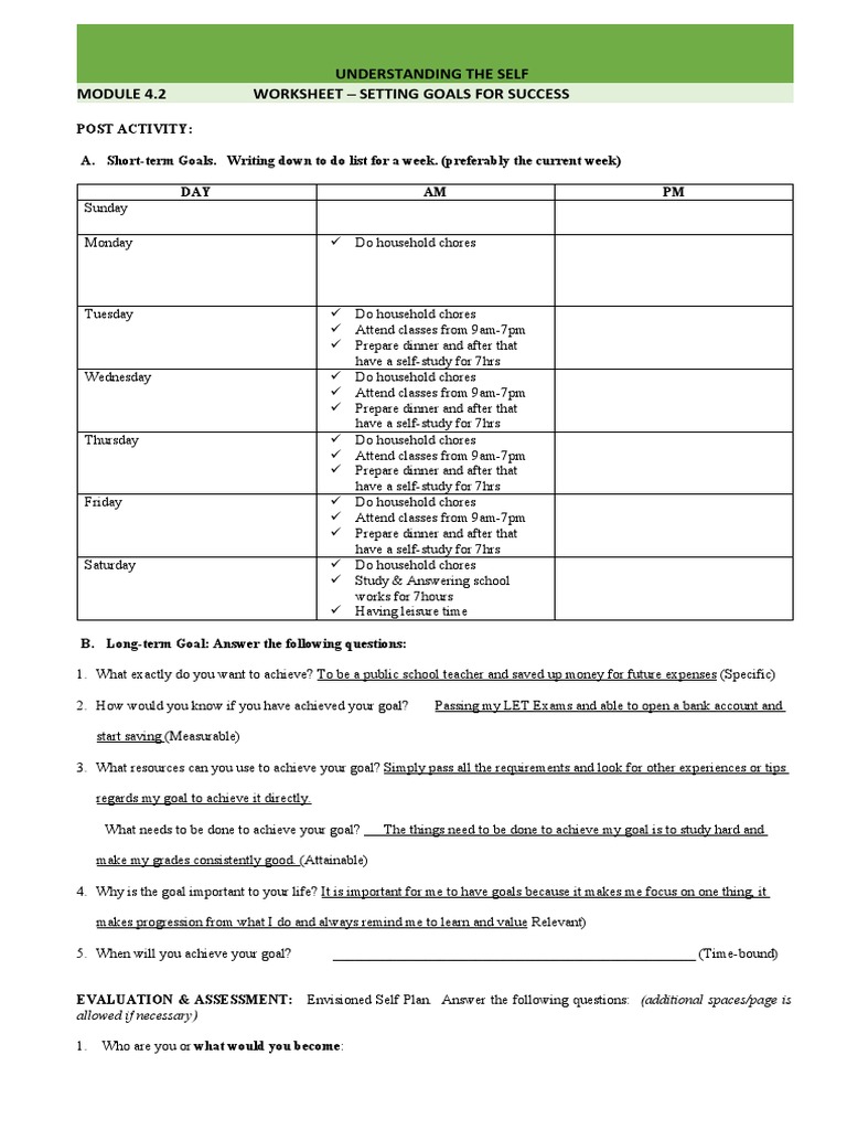 Understanding The Self Worksheet - Setting Goals For Success | PDF ...