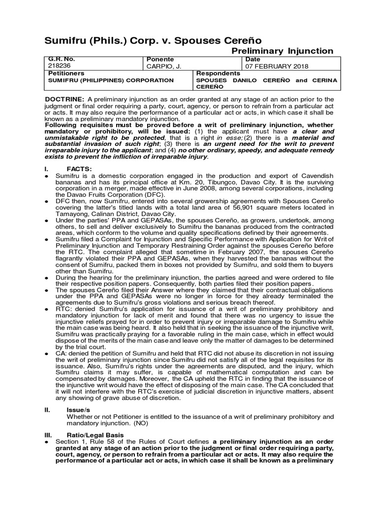 232 Sumifru (Phils.) Corp. v. Spouses Cereno | PDF | Injunction | Legal Remedy