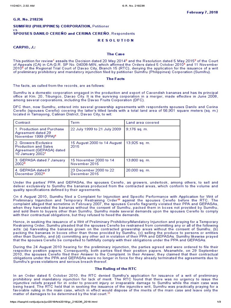 Sumifru vs. Cereño: Injunction Case Review | PDF | Injunction | Government
