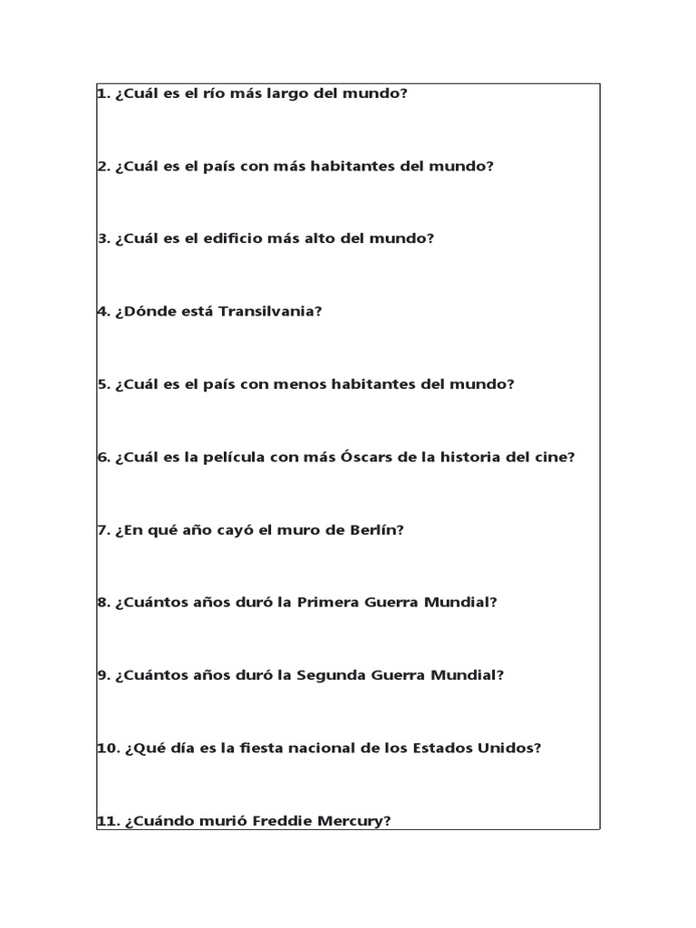 Preguntas Cultura General Sin Respuesta | PDF
