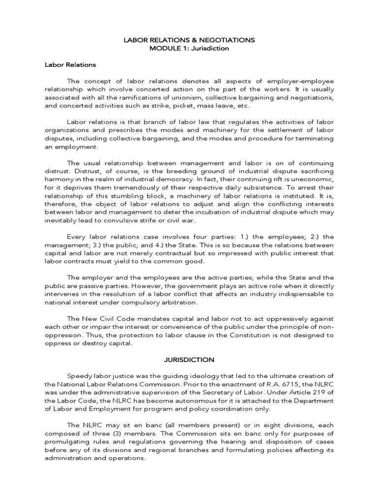 Labor Relations & Negotiations MODULE 1: Jurisdiction Labor Relations ...