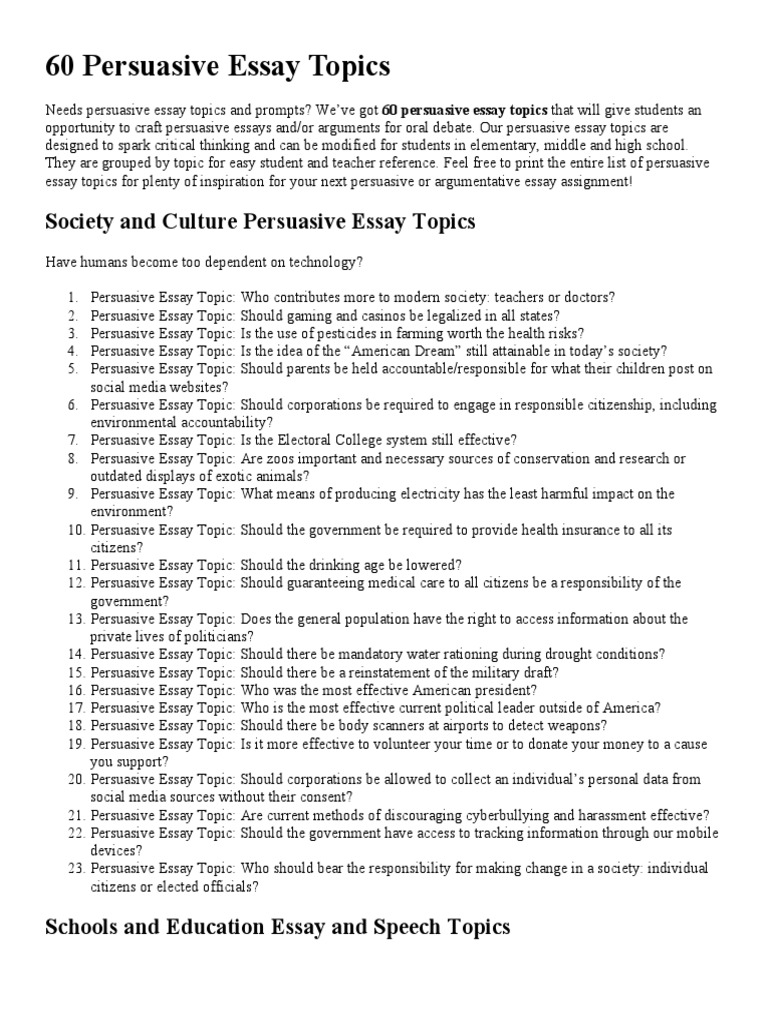 Society and Culture Persuasive Essay Topics | PDF | Essays | Schools