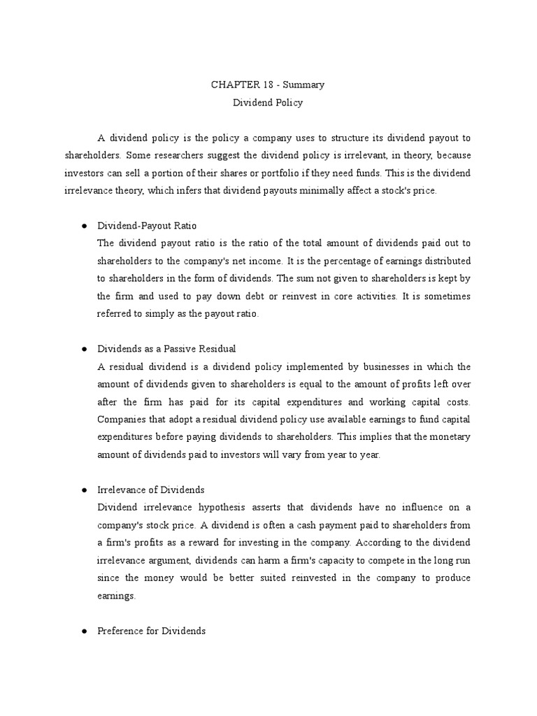 Chapter 18 Summary | PDF | Dividend | Stocks