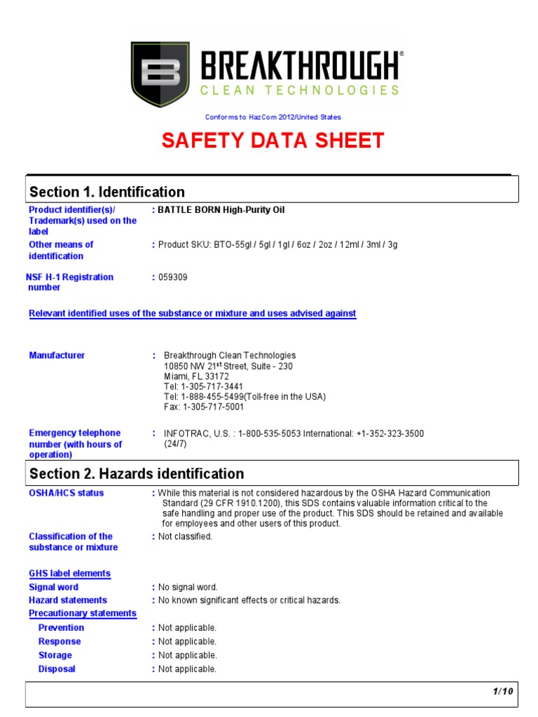 Safety Data Sheet: Section 1. Identification | PDF | Toxicity ...