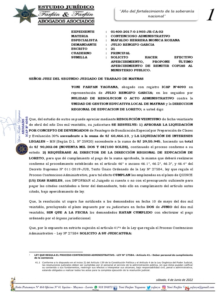 Solicito Hacer Efectivo Apercibimiento Propone Último Apercibimiento