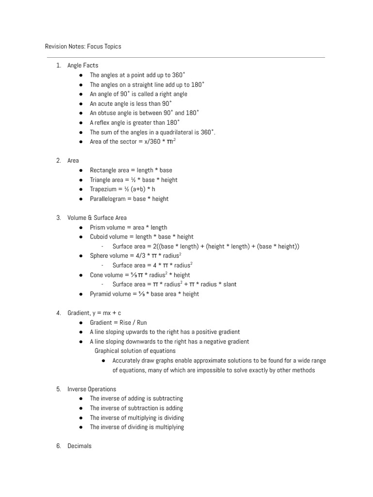 Angle Facts, Area, Volume, Gradient Revision | PDF | Area | Numbers
