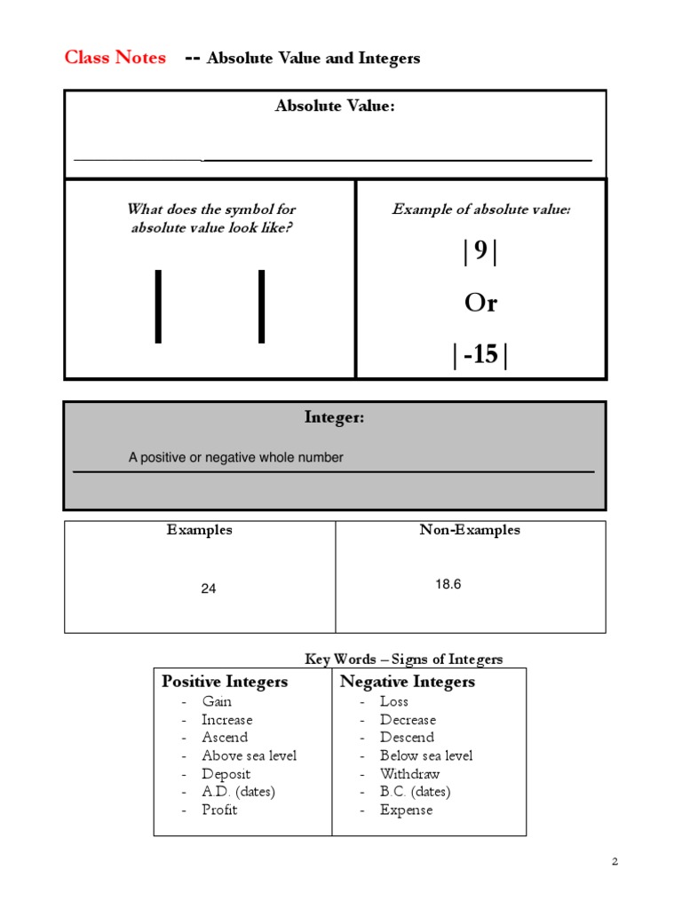 Class Notes: Absolute Value and Integers Absolute Value | PDF ...