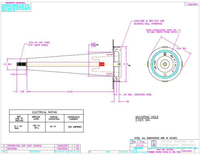 Cm70223351 Weld Well Bushing 21.1kv 150kv Bil 200a 9.25inch, Rubber Coa ...