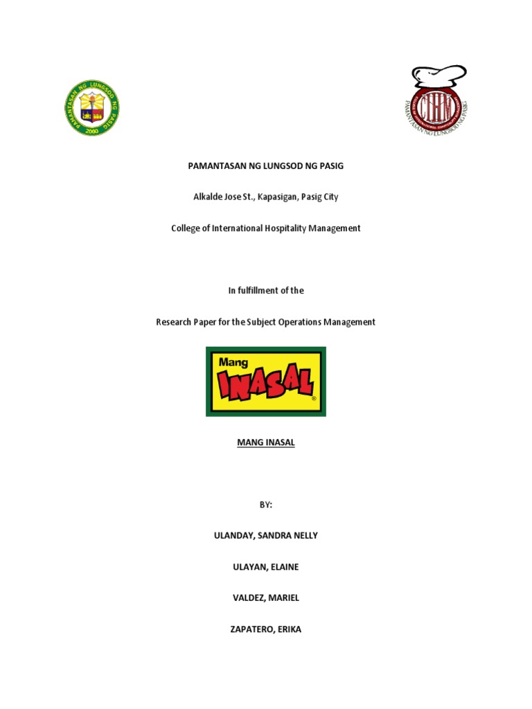 Research Paper For The Subject Operations Management - MANG INASAL ...
