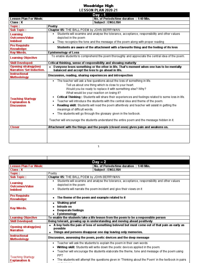 Lesson Plan for "The Ball Poem" | PDF | Lesson Plan | Poetry