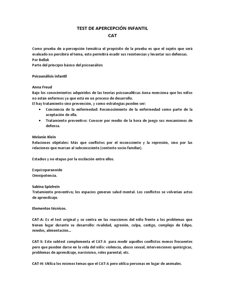 TEST DE APERCEPCIÓN INFANTIL CAT | PDF | Psicoanálisis | Conceptos ...