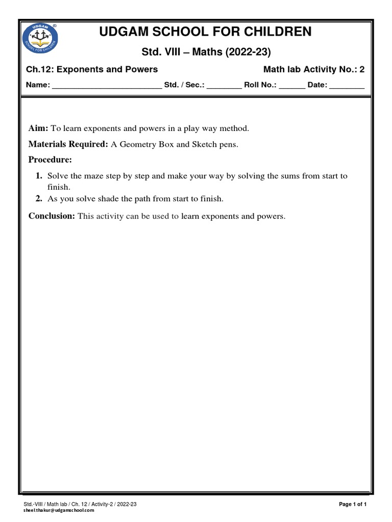 STD - 8 Math Activity - Ch-12 Exponents and Powers (Activity-2) | PDF