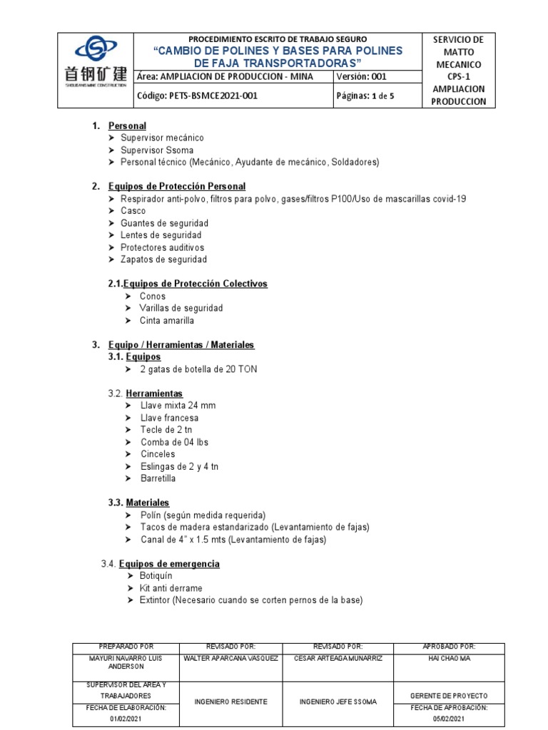 PETS-BSMCE2021-001 Cambio de Polines y Base para Polines | PDF | Procesos industriales | Unión