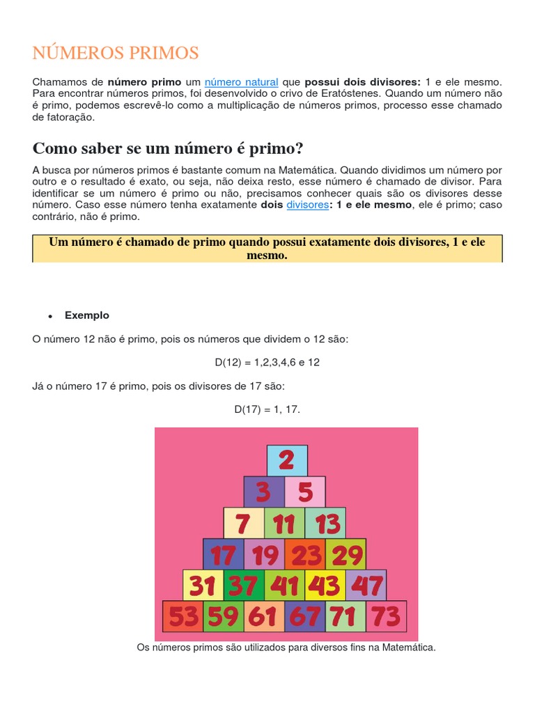 NÚMEROS PRIMOS - Esclakids | PDF | Número primo | Analise matemática