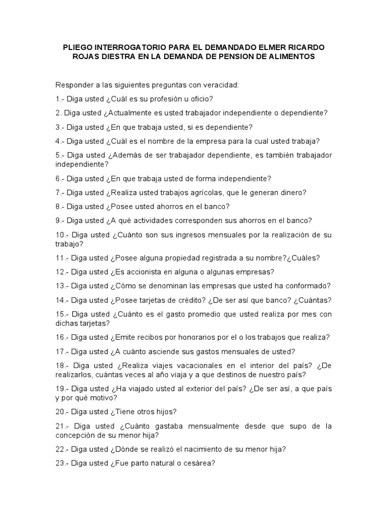 Pliego Interrogatorio Alimentos | PDF