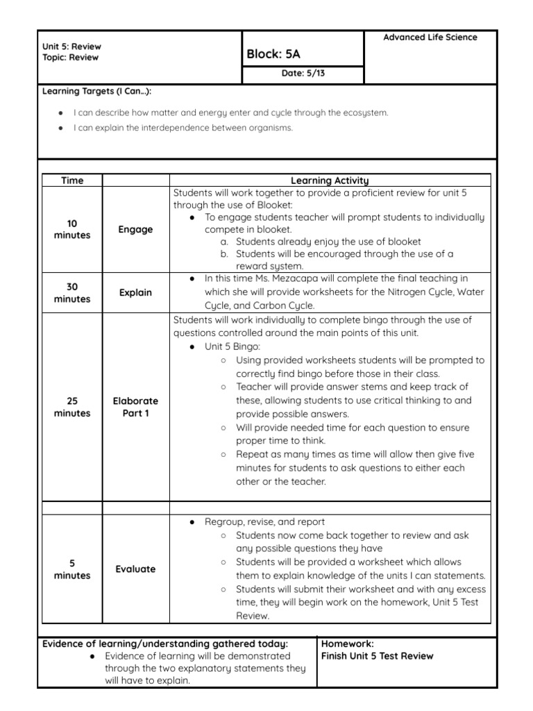 Lesson Plan - Unit 5 Test Review | PDF | Lesson Plan | Pedagogy