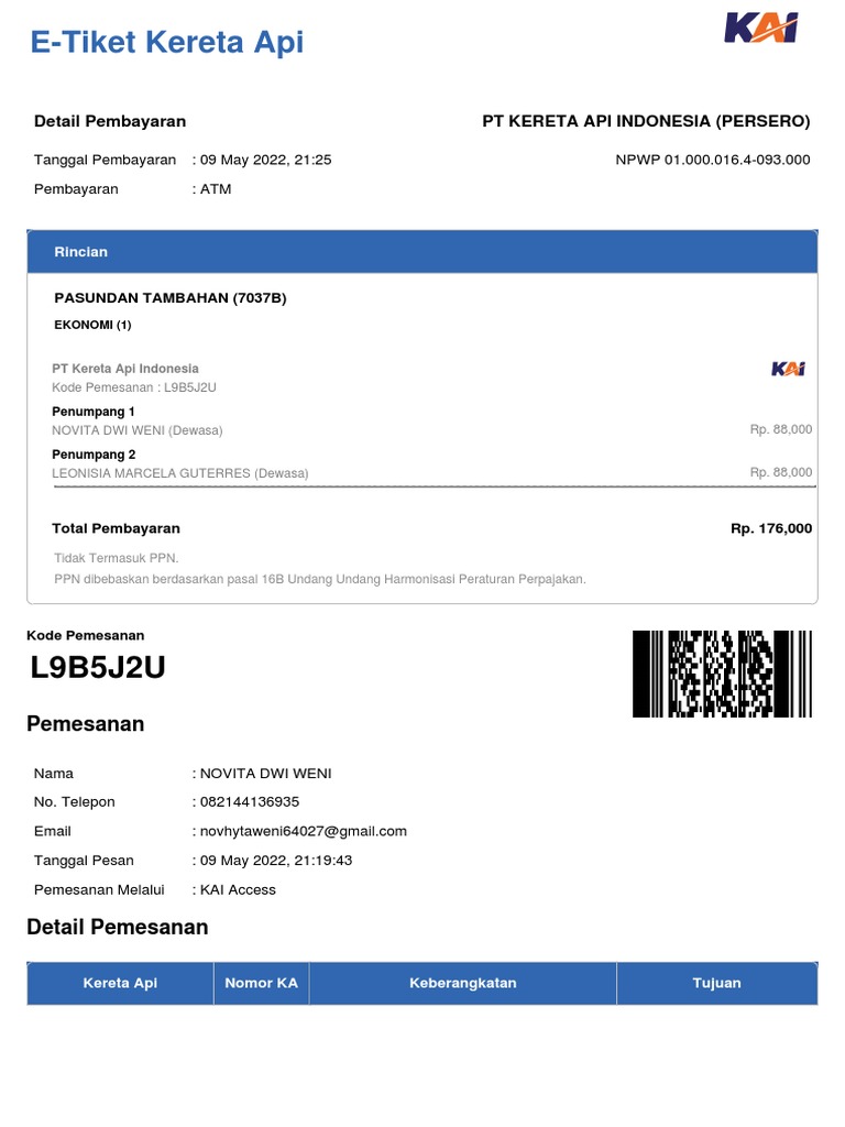 E-Tiket Kereta Api: L9B5J2U | PDF