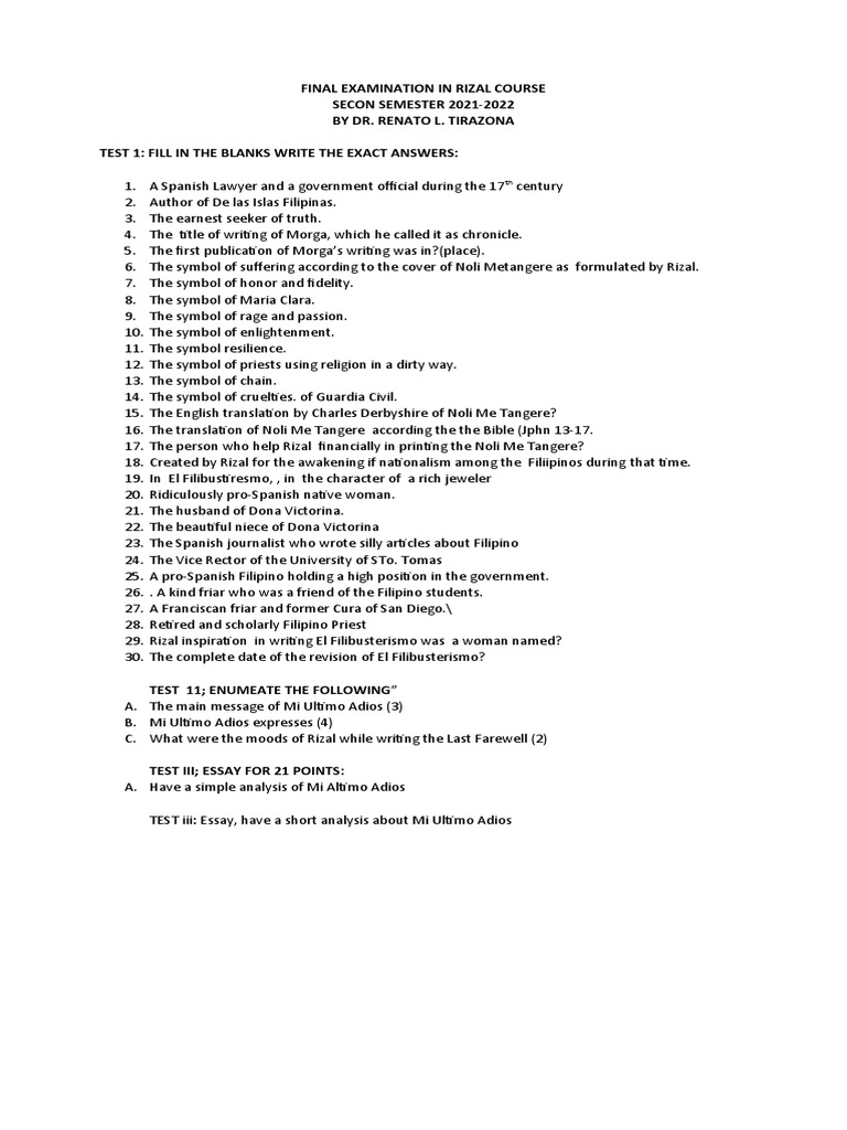 Final Examination in Rizal Course SECON SEMESTER 2021-2022 by Dr ...