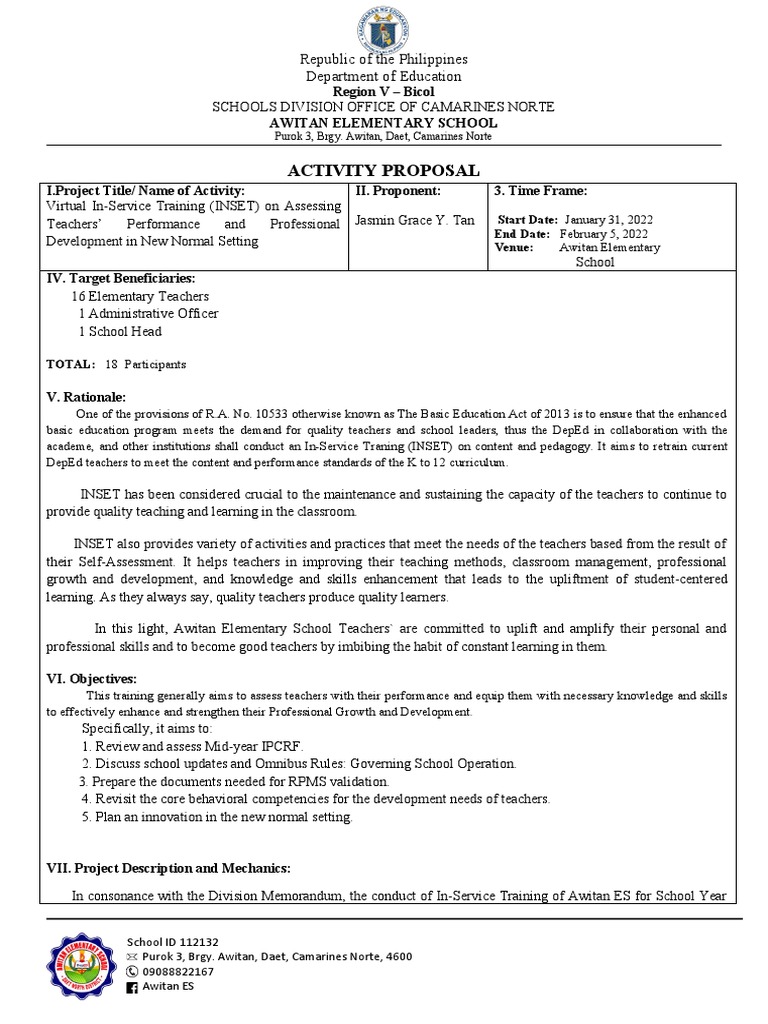 Activity Proposal: Republic of The Philippines Department of Education ...