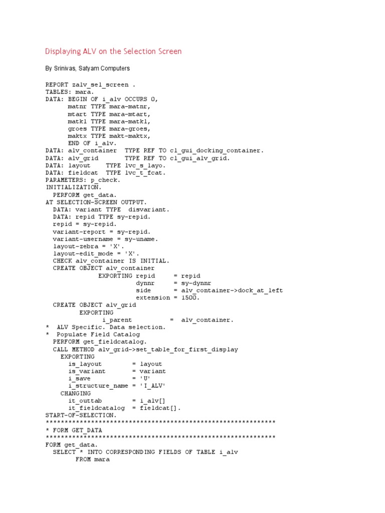 Displaying ALV On The Selection Screen | Descargar gratis PDF ... Displaying ALV On The Selection Screen | Descargar gratis PDF ...