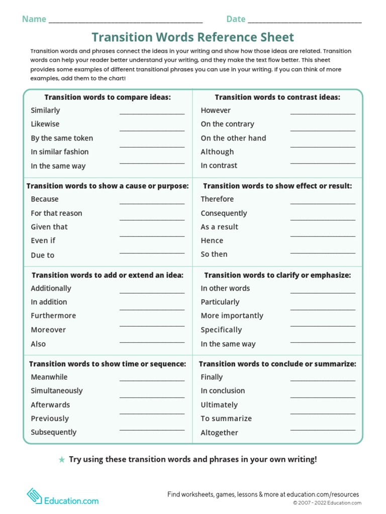 Transition Words Reference 2 | PDF | Cognition | Cognitive Science