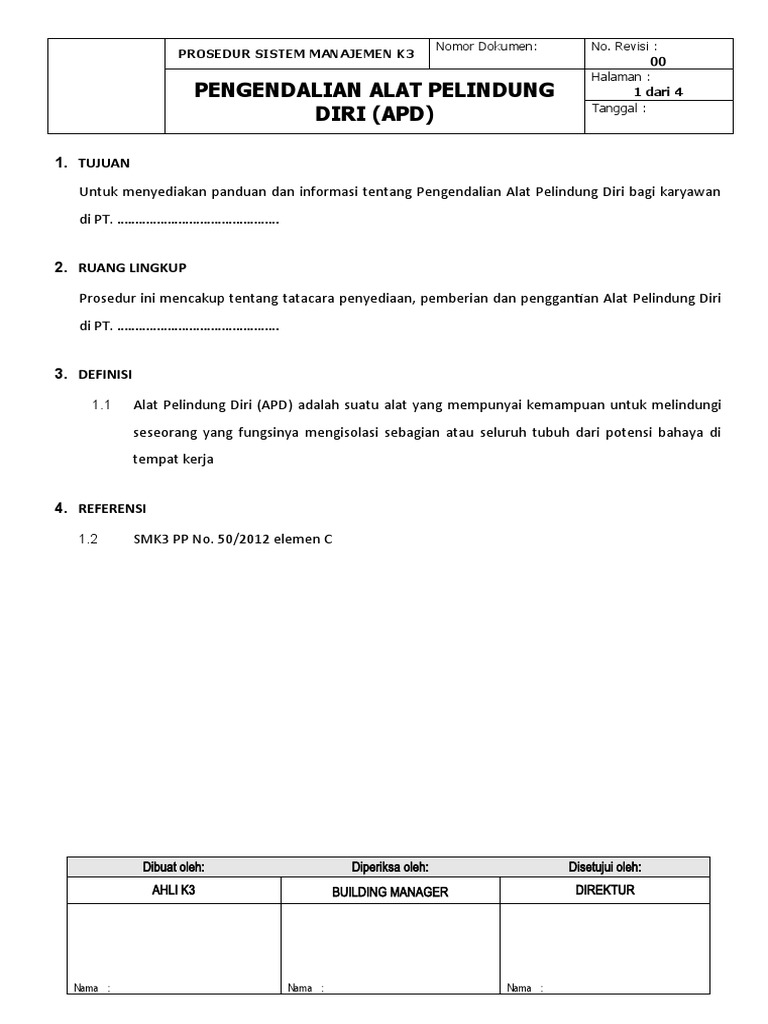 Prosedur Pengendalian Alat Pelindung Diri (APD) | PDF