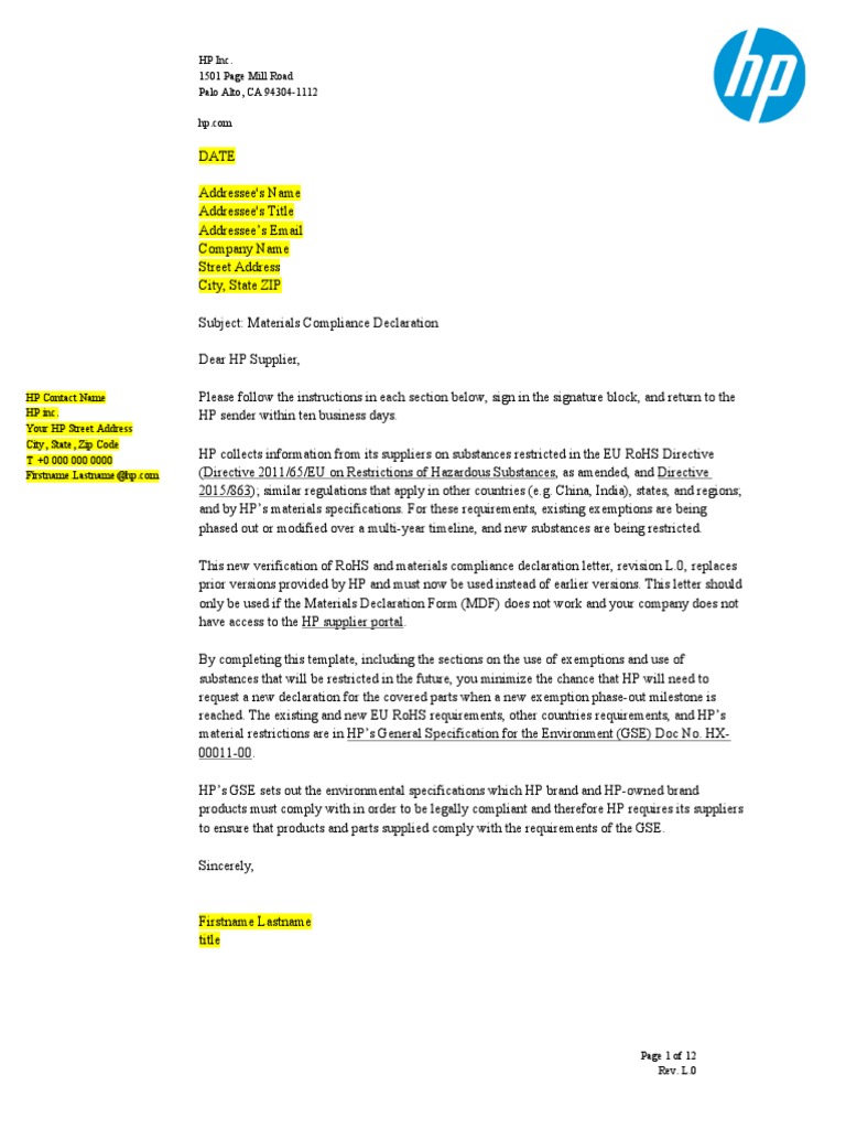 HP Materials Compliance Declaration | PDF | Capacitor | Mercury (Element)