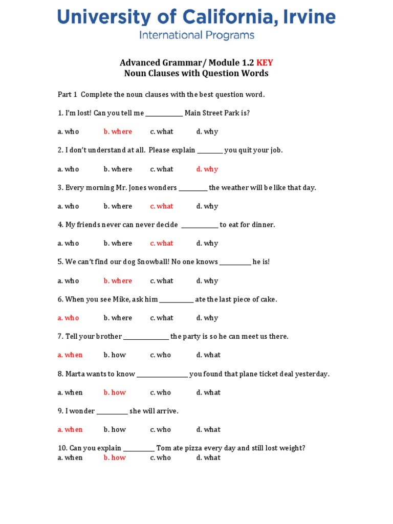 KEY Noun Clauses With Question Words | PDF | Sentence (Linguistics ...