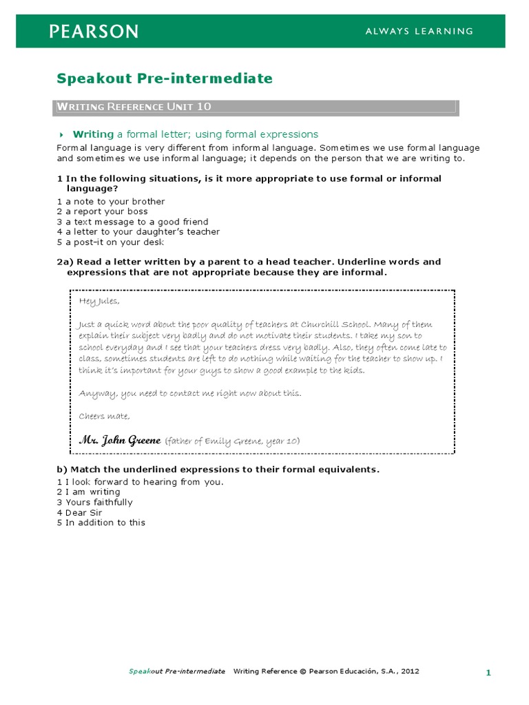 Speakout Pre-Intermediate: Writing A Formal Letter Using Formal ...