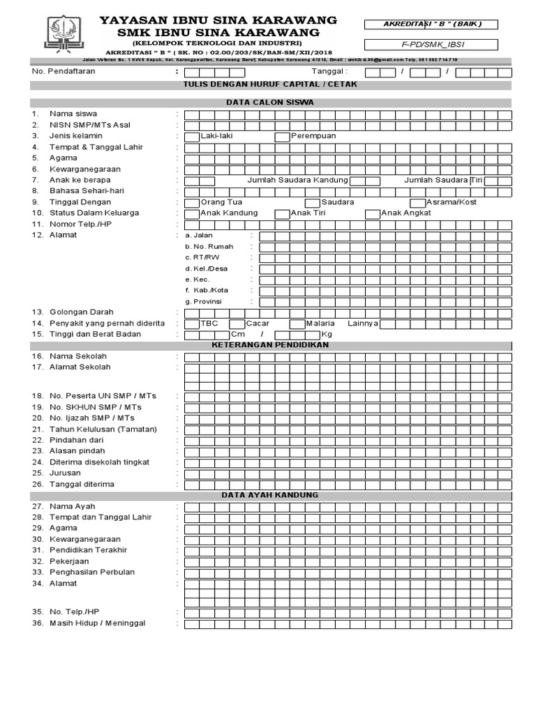 Formulir Pendaftaran Siswa Baru SMK | PDF