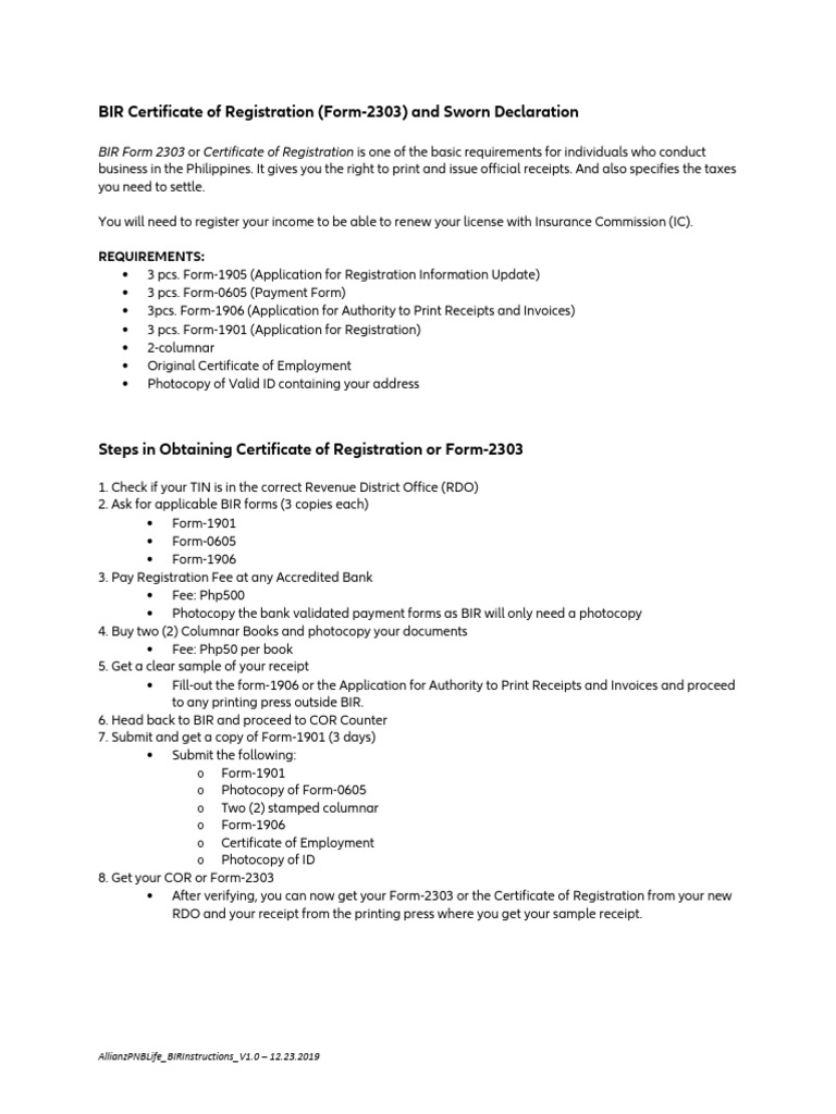 BIR Certificate of Registration (Form-2303) and Sworn Declaration | Download Free PDF | Receipt ...