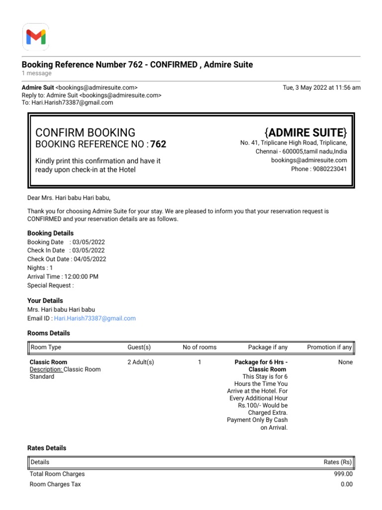 Gmail - Booking Reference Number 762 - CONFIRMED, Admire Suite | PDF