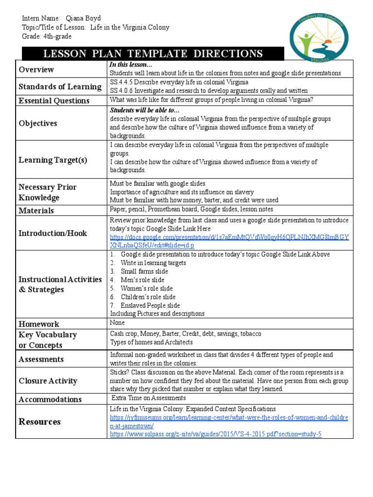 Daily Life in the Virginia Colony | PDF | Lesson Plan | Learning