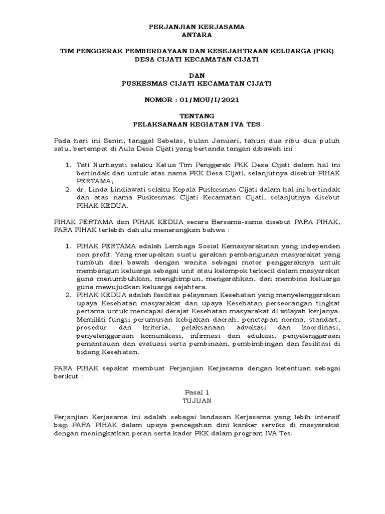 Perjanjian Kerjasama Pkk Dan Puskesmas Pdf