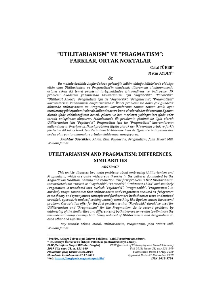 Celal Türer, Metin Aydın - Utilitarianizm Ve Pragmatizm | PDF