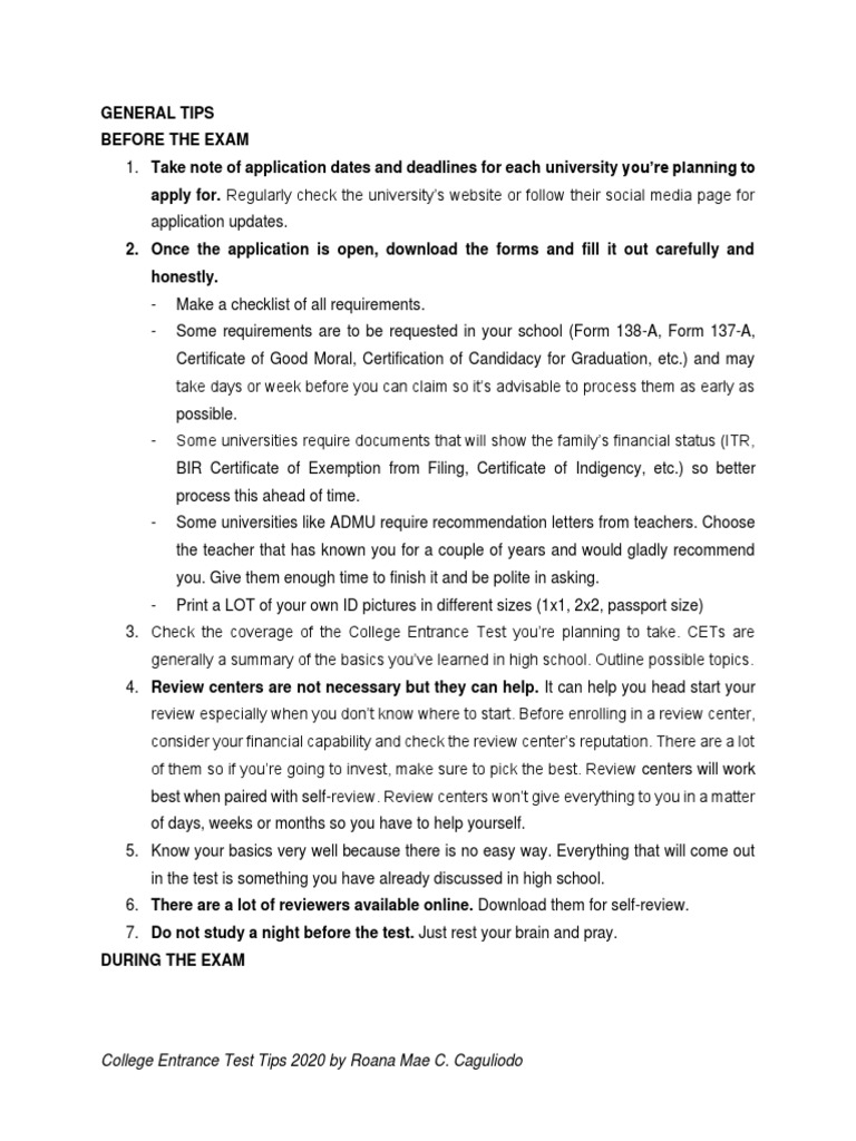 UPCAT-CET Tips | PDF | Test (Assessment) | University And College Admission