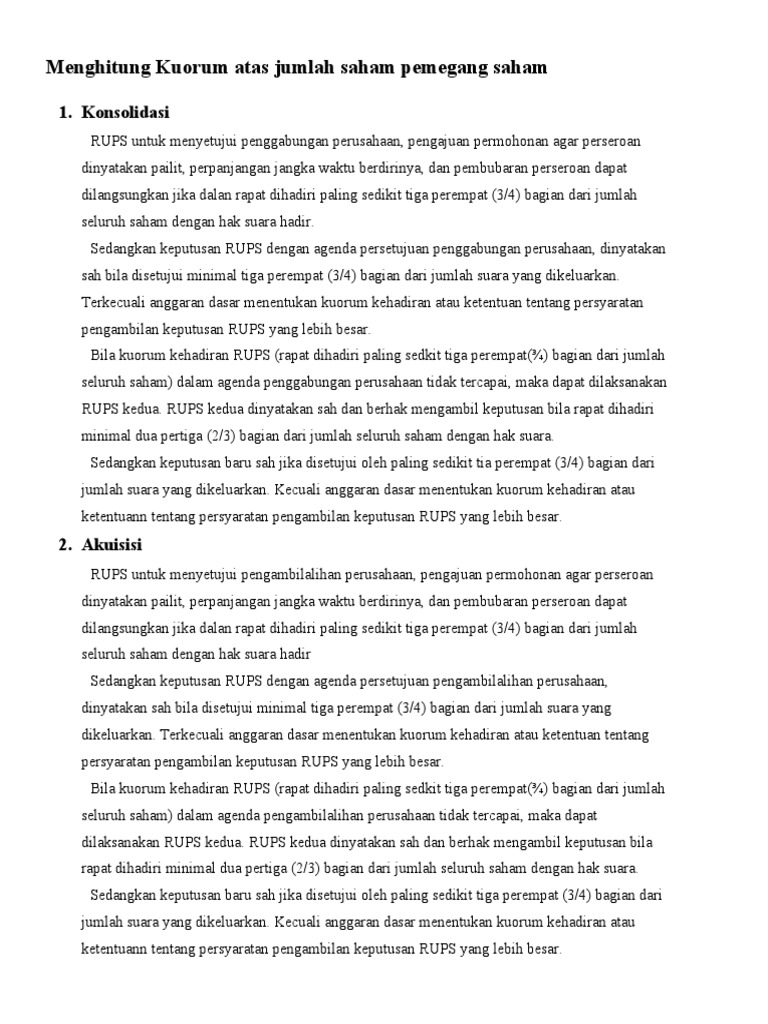 Menghitung Kuorum Atas Jumlah Saham Pemegang Saham | PDF | Hukum