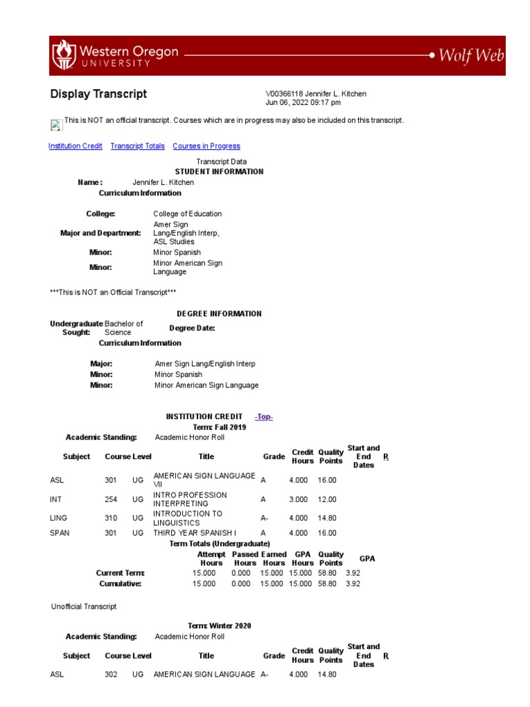 Unofficial Transcript | PDF | American Sign Language | Academic Degree