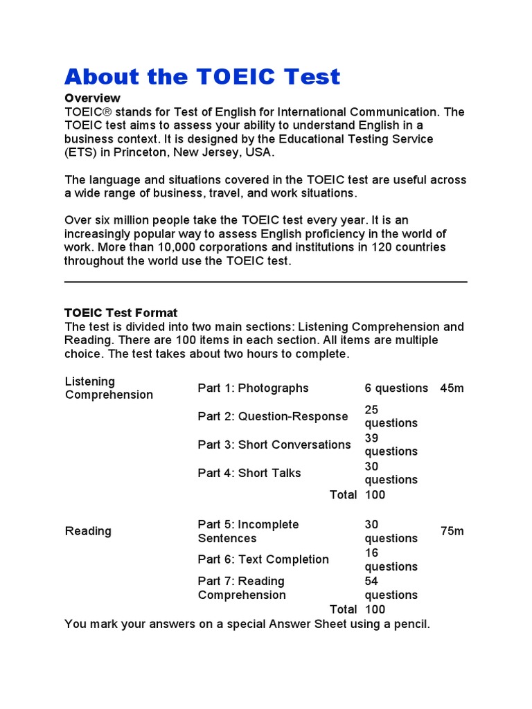 About The TOEIC Test | PDF | Reading Comprehension | Cognition