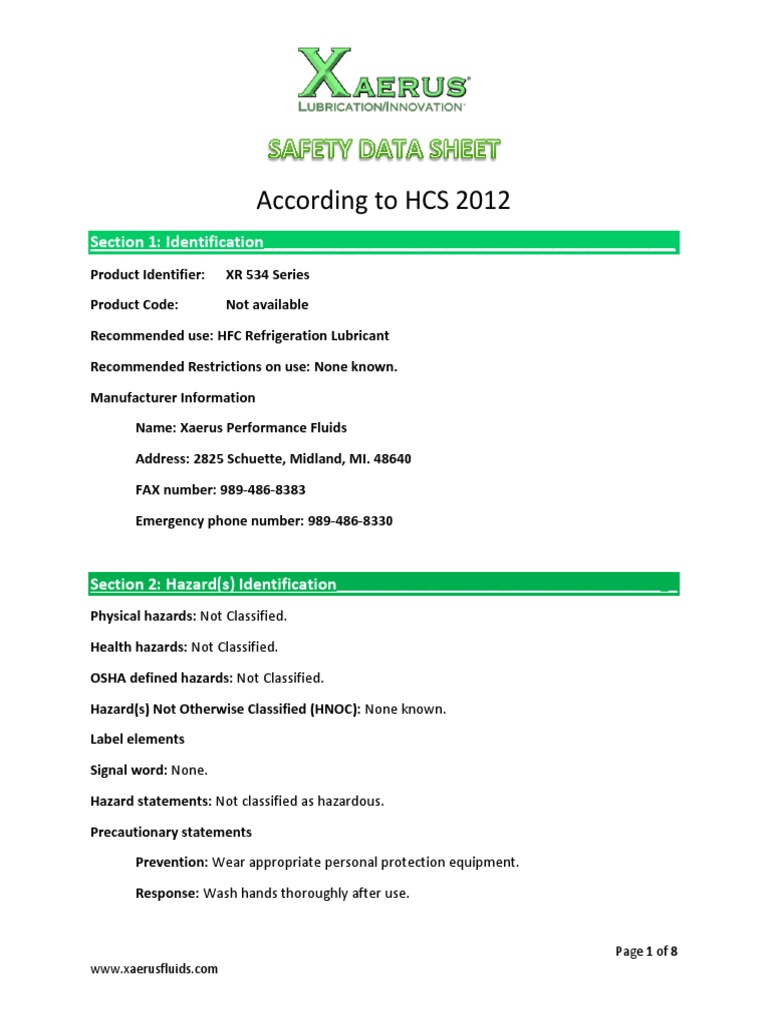 Xaerus Performance Fluids Safety Data Sheet | PDF | Firefighting | Toxicity