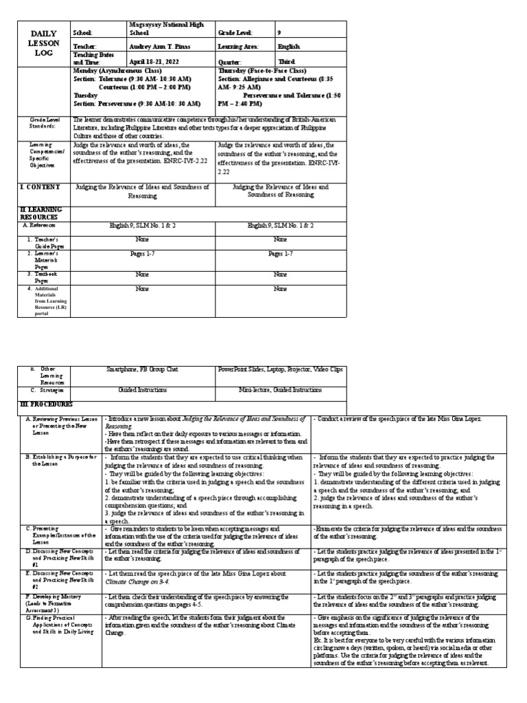 English 9 Week 1 Lesson Plan | PDF | Reading Comprehension | Communication