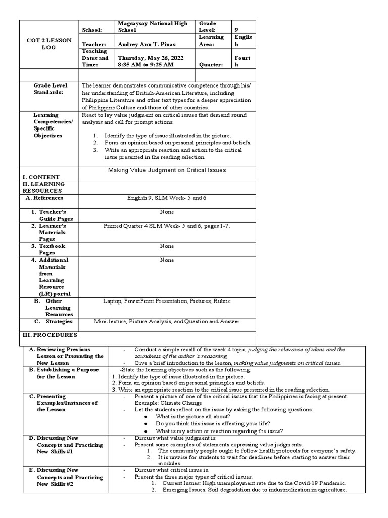 Eng 9 Quarter 4 Week 5 and 6 DLL-observation | PDF | Learning | Cognition