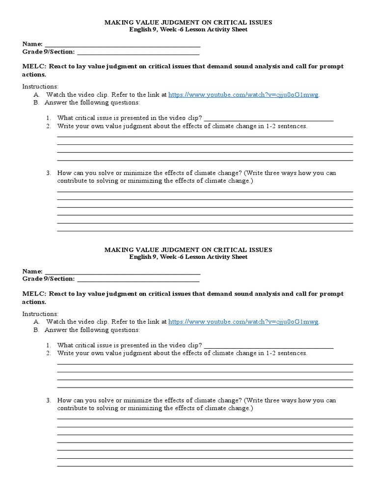 MAKING VALUE JUDGMENT ON CRITICAL ISSUES-activity Sheet | PDF ...