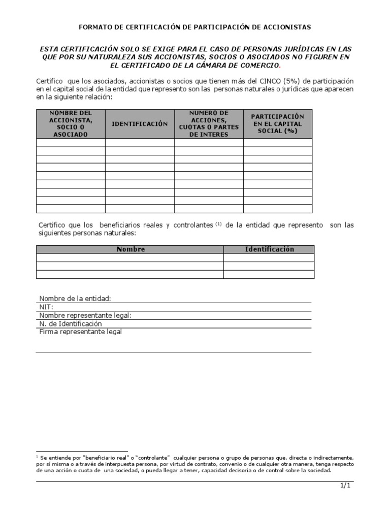 Formato de Certificacion de Participacion de Accionistas | PDF | Derecho