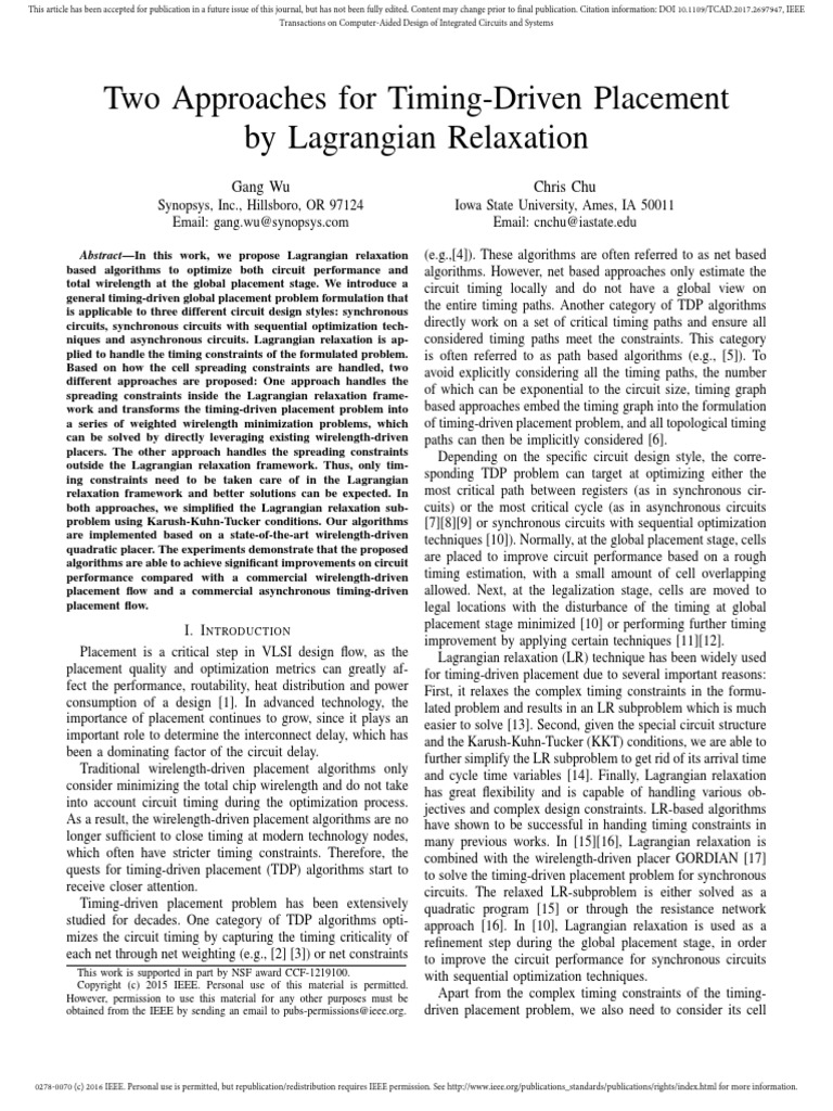 Two Approaches For Timing-Driven Placement by Lagrangian Relaxation | Download Free PDF ...